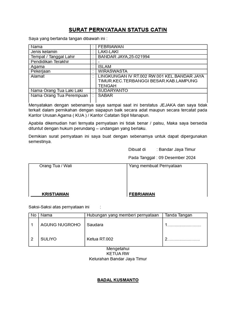 Surat Pernyataan Status Catin | PDF