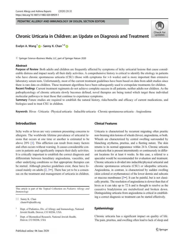 Chronic Urticaria in Children: Diagnosis & Treatment | PDF | Allergy ...