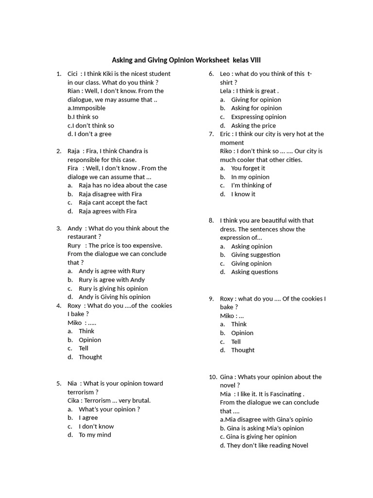 Asking and Giving Opinions Worksheet | PDF | Chess Theory | Chess