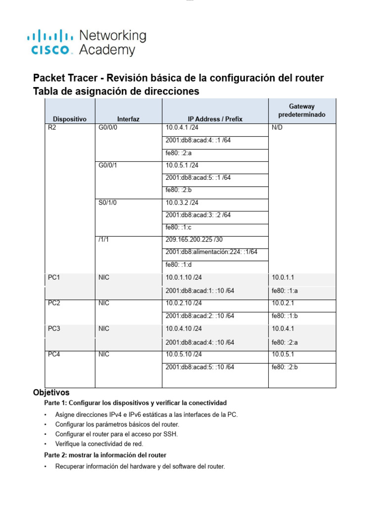 Packet Tracer - Basic Router Configuration Review | PDF | Enrutador (Computación) | Yo Pv6