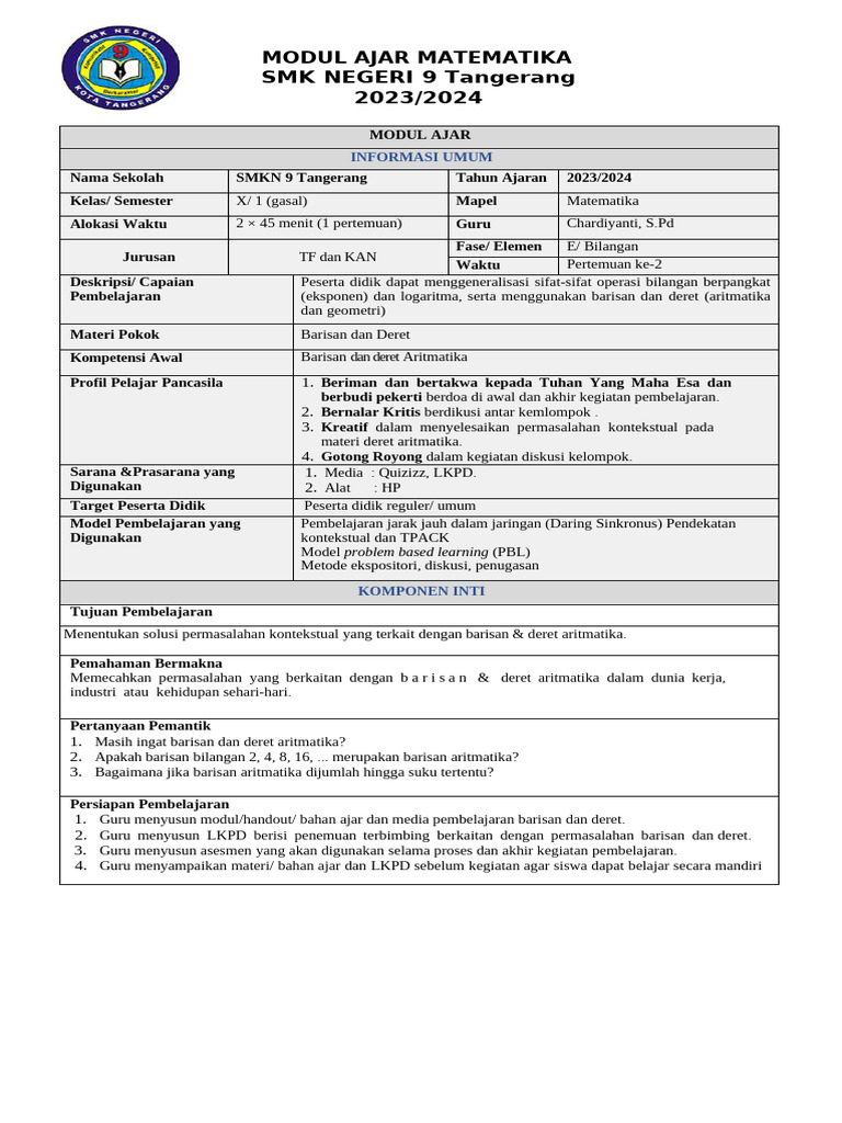 Modul 2 Barisan Dan Deret Aritmatika | PDF