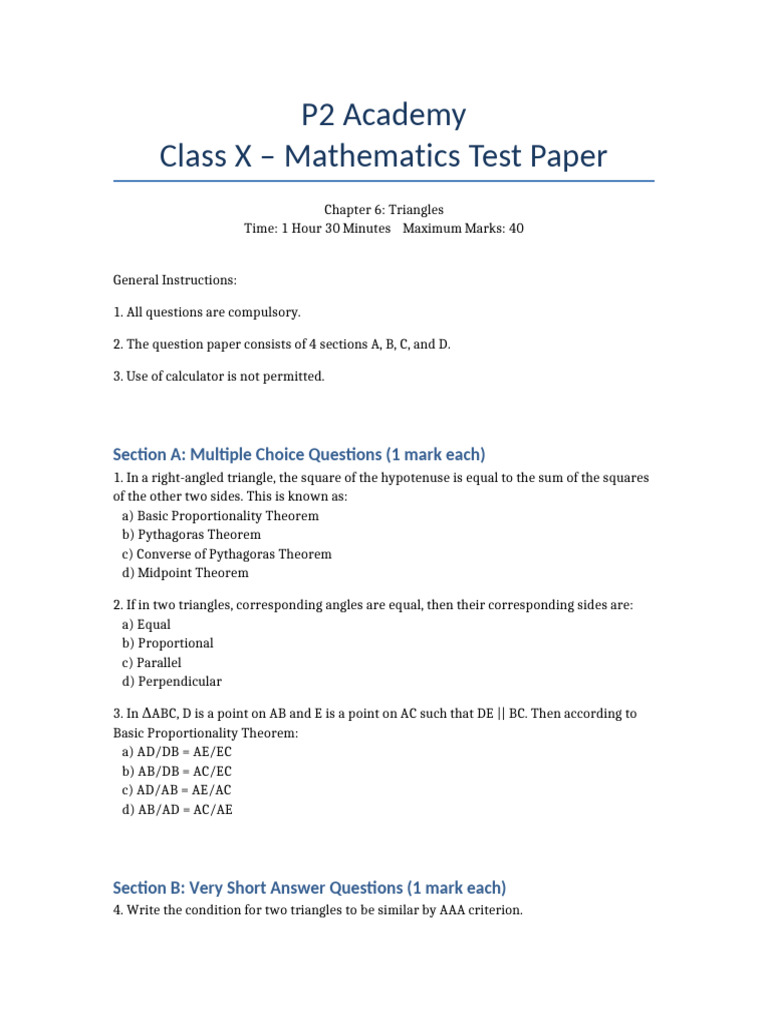 Class 10 Maths Test Chapter6 Triangles P2 Academy Pdf