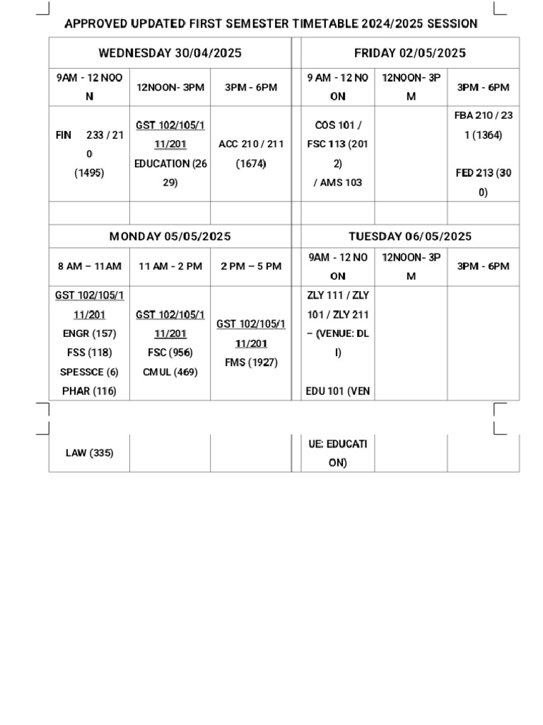 Approved Updated 1st Semester Timetable 2024 - Phoenix | PDF