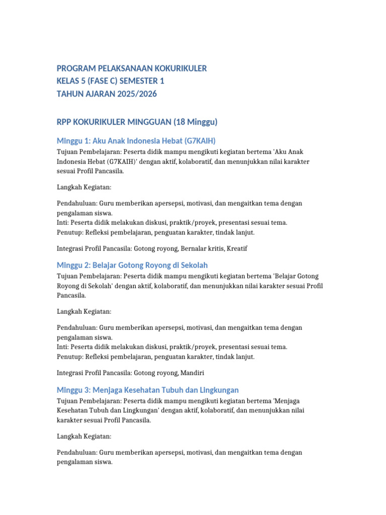 Program Kokurikuler Kelas5 Semester1 Lengkap | PDF