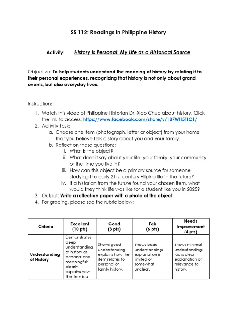 Personal History Reflection Activity | PDF | Cognition | Cognitive Science
