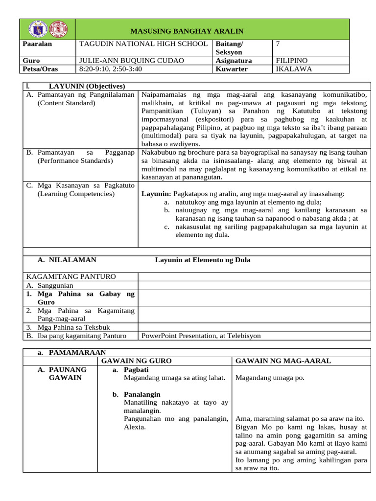 DLP 6 - Layunin at Elemento NG Dula | PDF