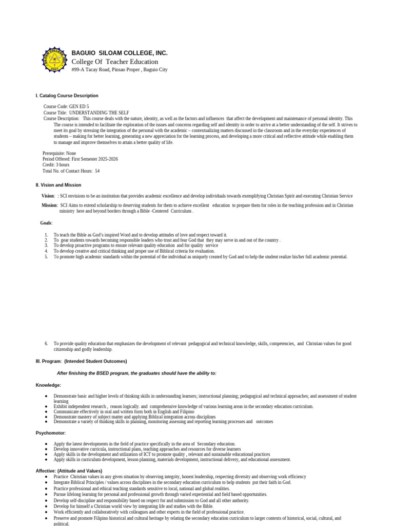 SCI-Understanding The Self | PDF | Curriculum | Self Concept