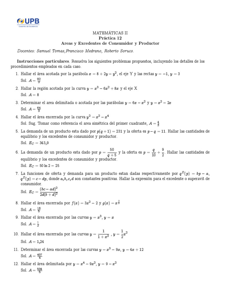 Áreas y Excedentes en Matemáticas II | PDF | Excedente económico ...