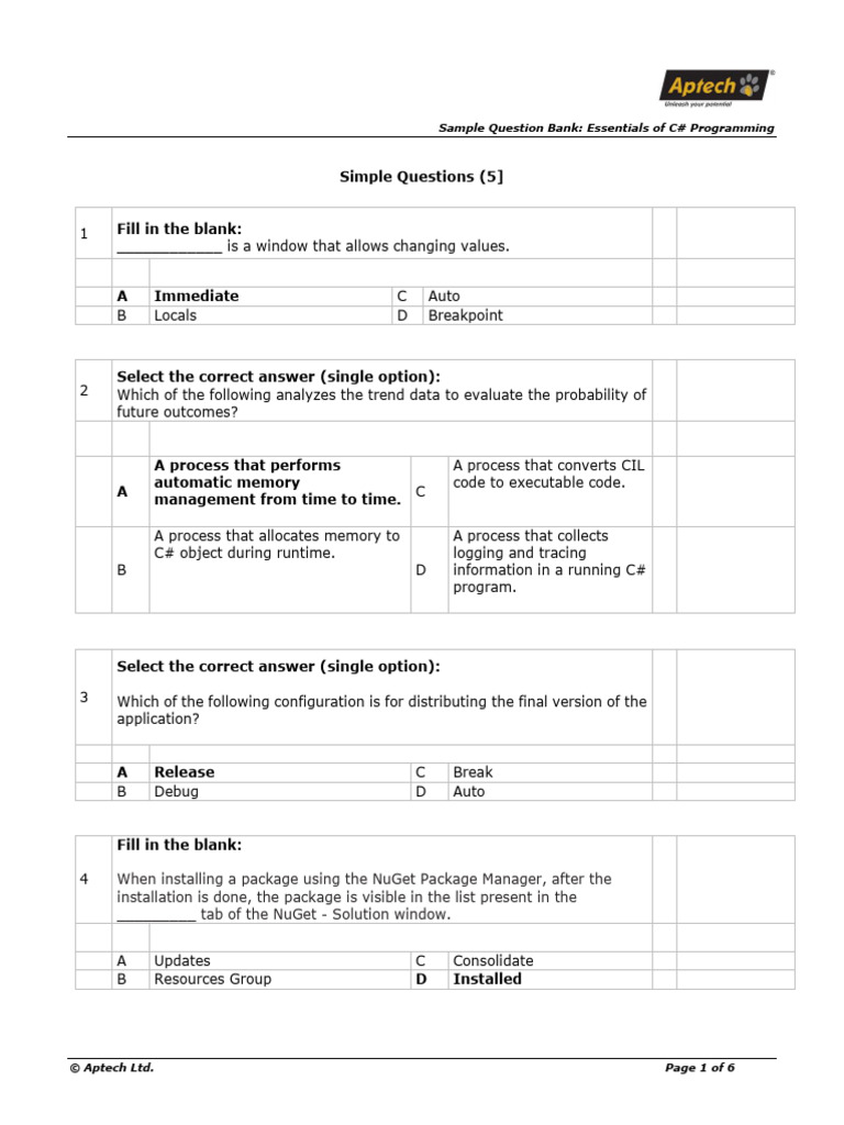 Sample Qbank - Essentials of C# Programming - 0 | PDF | C Sharp ...