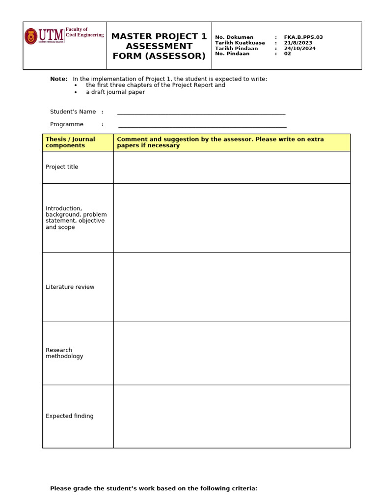 Master Project 1 Assessment Form | PDF