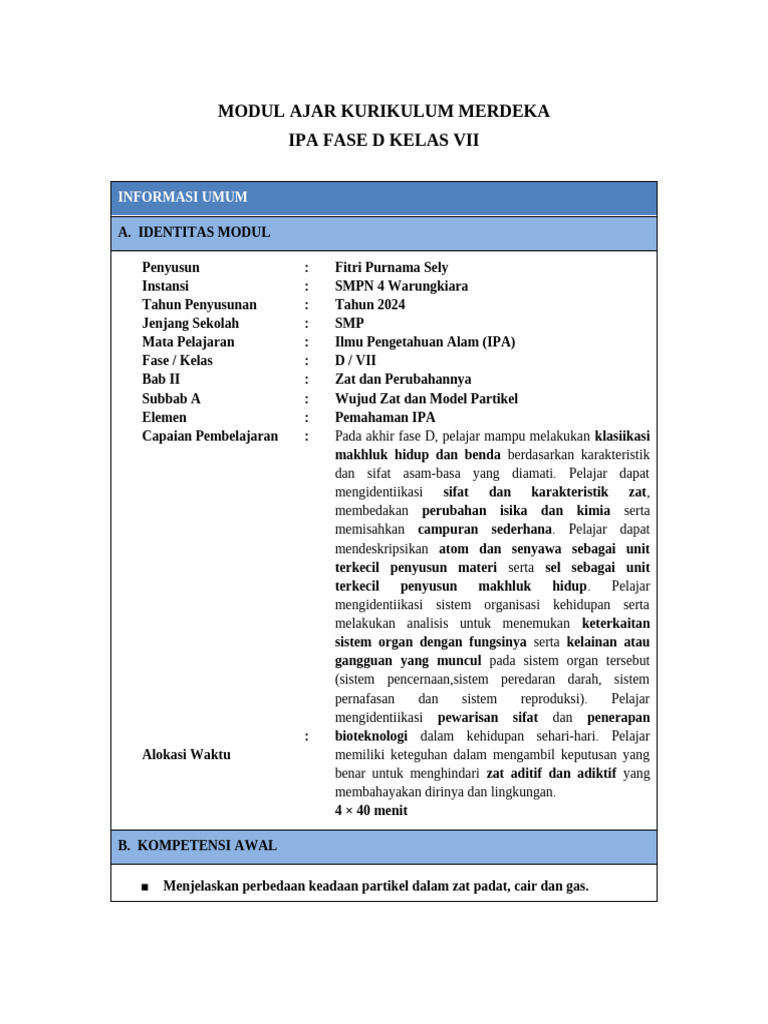 Modul Ajar IPA Kelas VII: Zat dan Perubahan | PDF