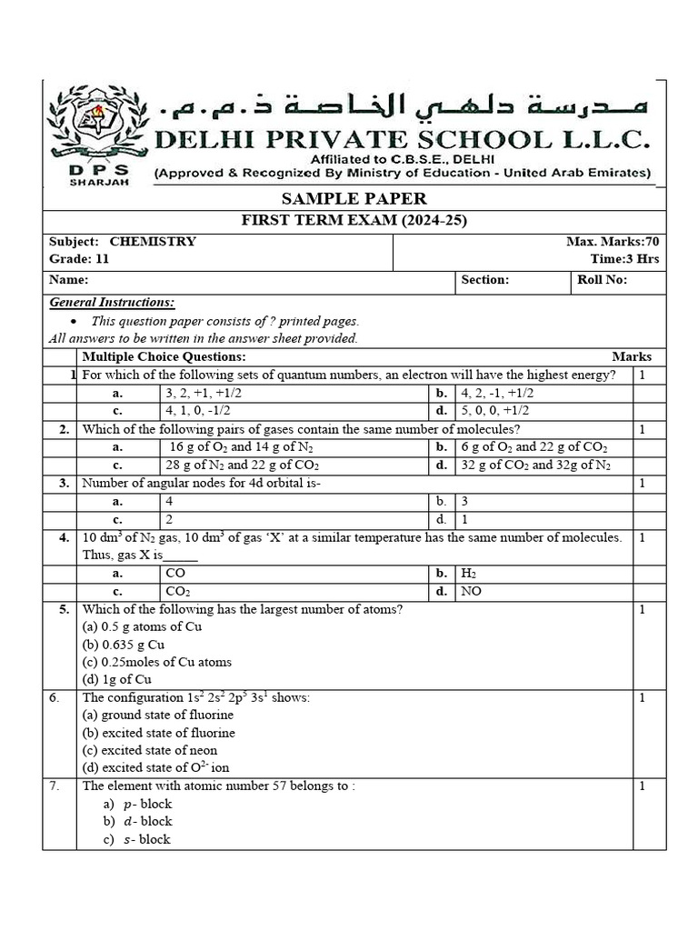 Sample paper_FT_GR11_2025-26 revised | PDF | Gases | Atomic Orbital