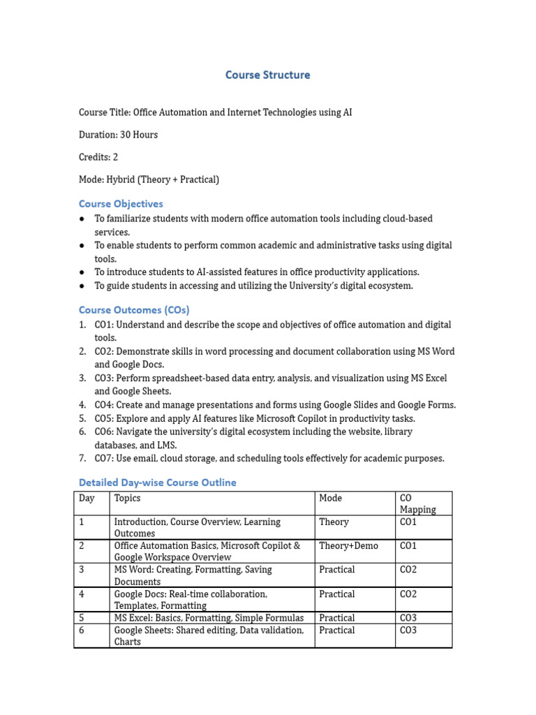 Office Automation Course Structure | PDF | Microsoft Excel | Microsoft Word