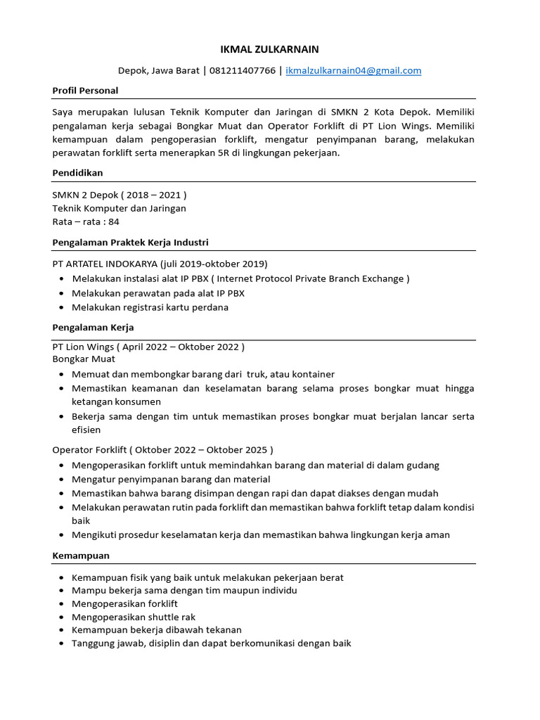 CV Ikmal Zulkarnain 1 | PDF