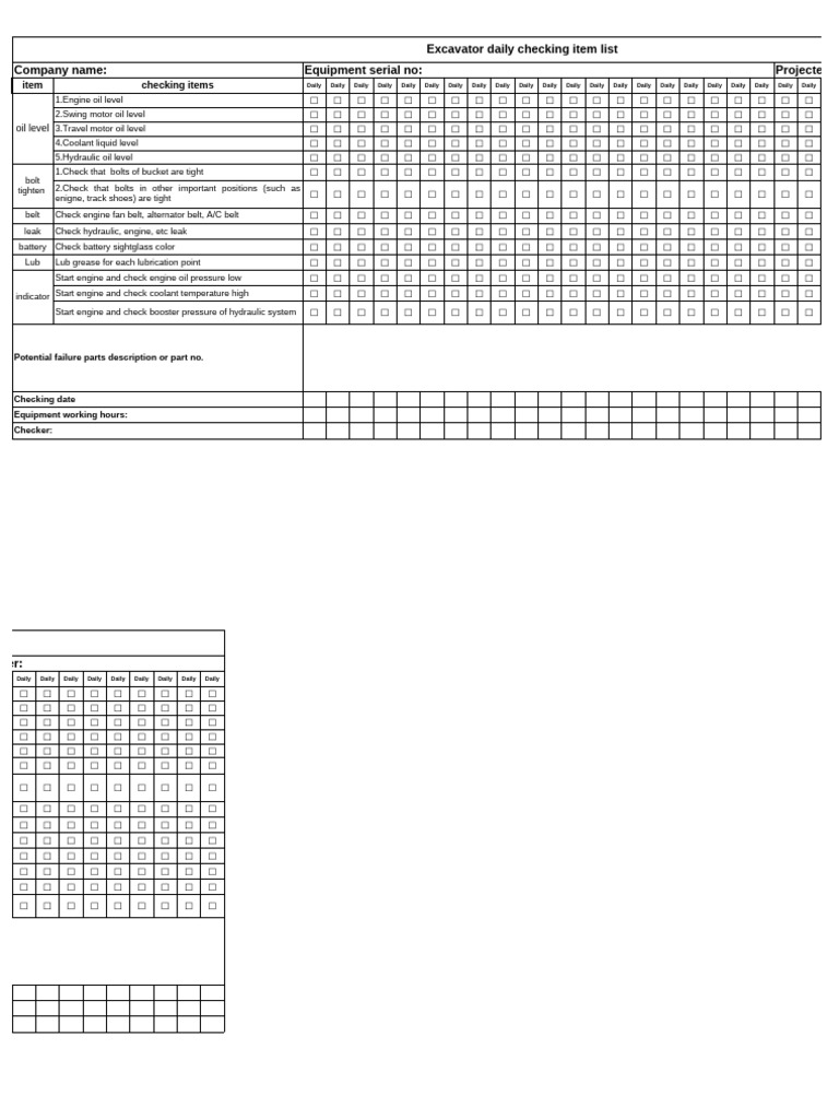 Excavator Operator Daily Checking List 11016 | PDF