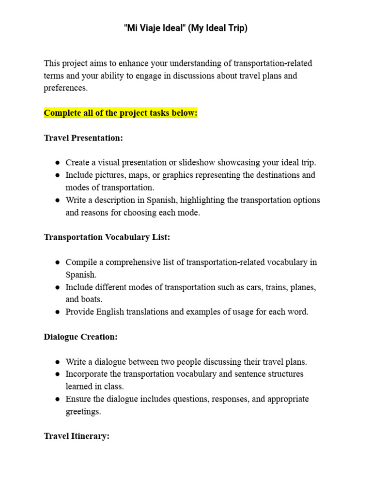 Spanish 6 - Mi Viaje Ideal - (My Ideal Trip) | PDF | Vocabulary | Human ...