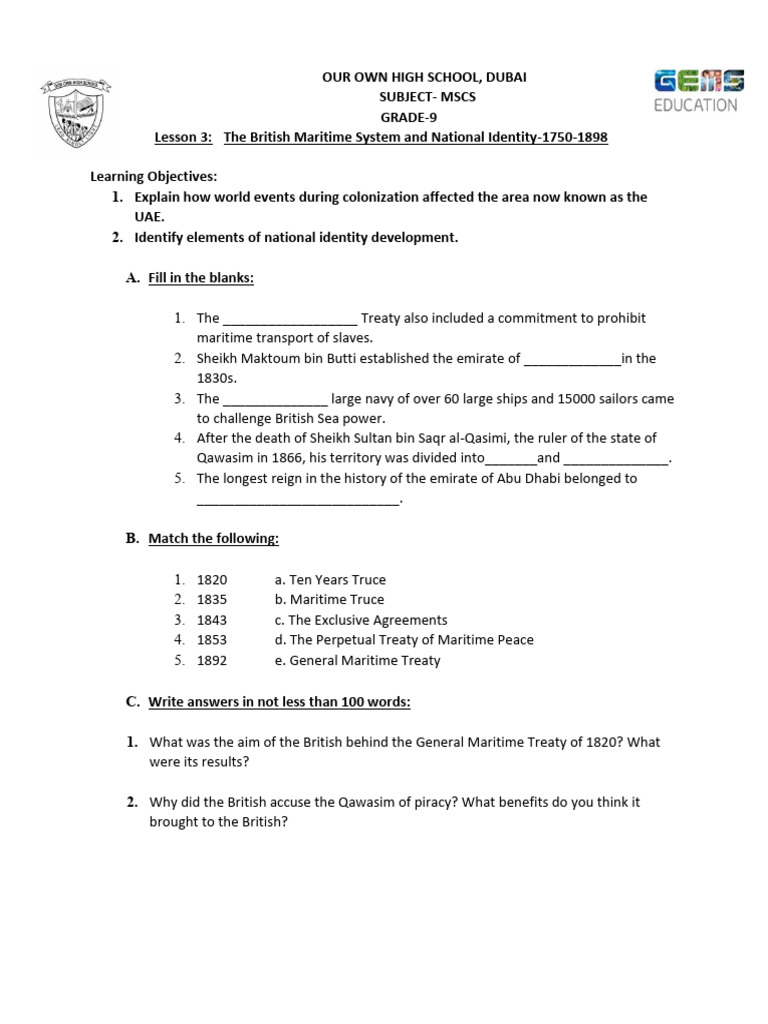 Workhseet Unit 3 Lesson 3 - British Maritime Treaties | PDF