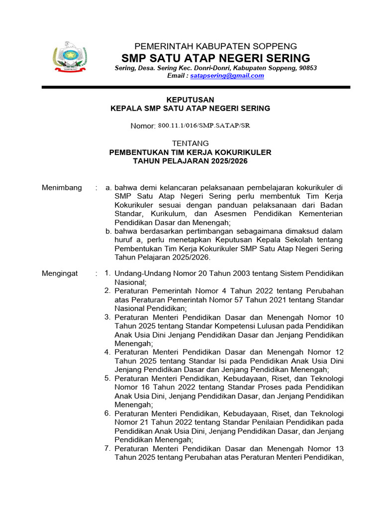 SK Tim Kerja Kokurikuler 2025-2026 | PDF