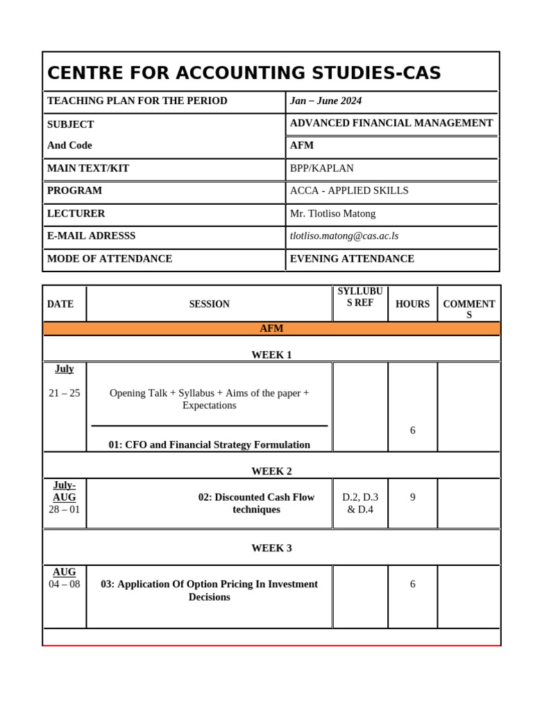 TEACHING PLAN AFM | PDF | Investing | Valuation (Finance)