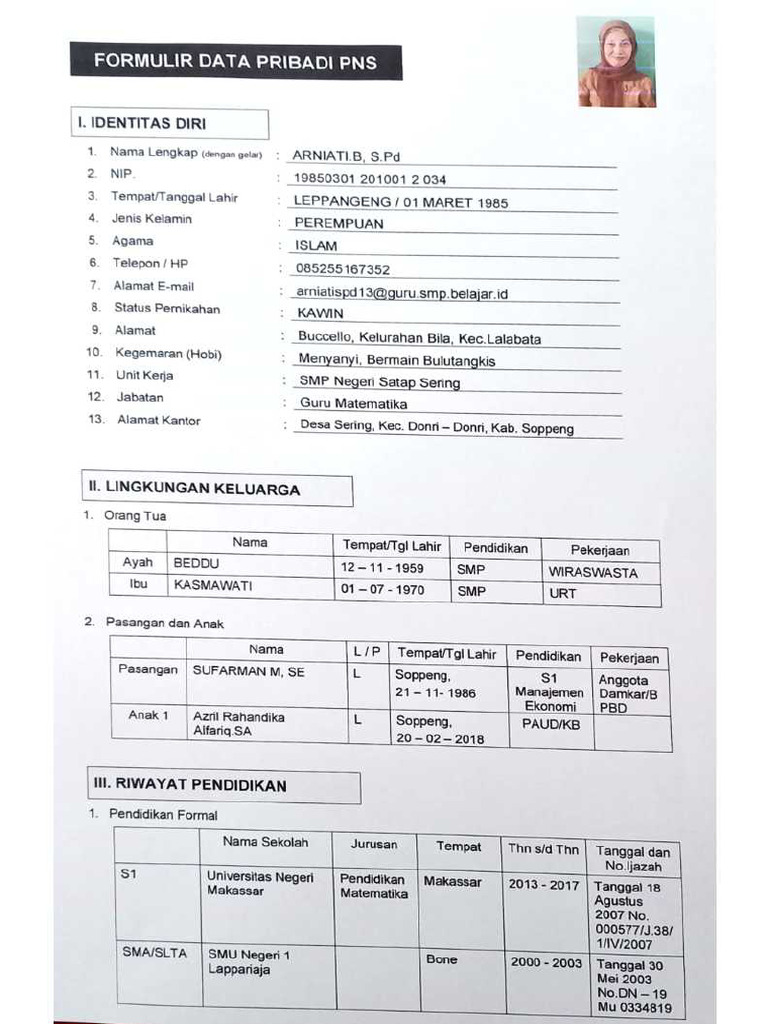Formulir Data Diri PNS Arniati | PDF