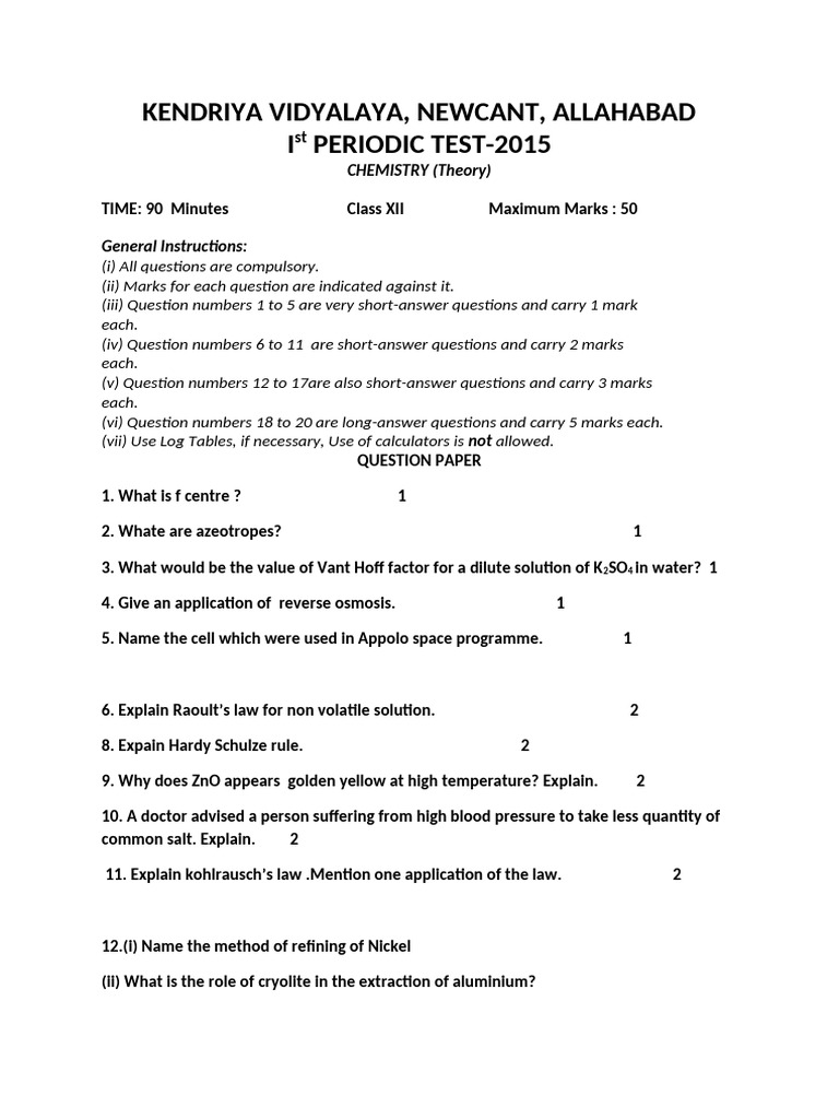 Class Xii Chemistry PT 1 2017 | PDF | Copper | Physical Chemistry