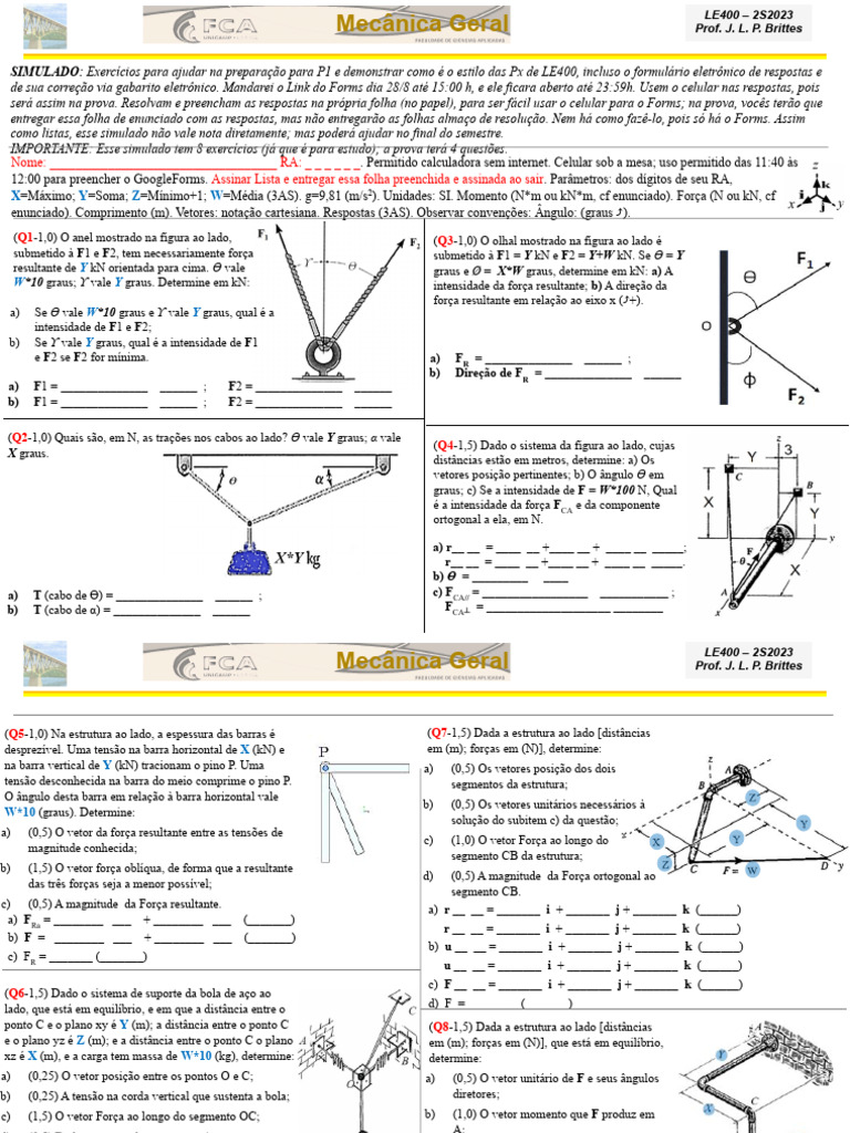 LE400 2S2023 Simulado - P1 | PDF | Estresse (Mecânica) | Física