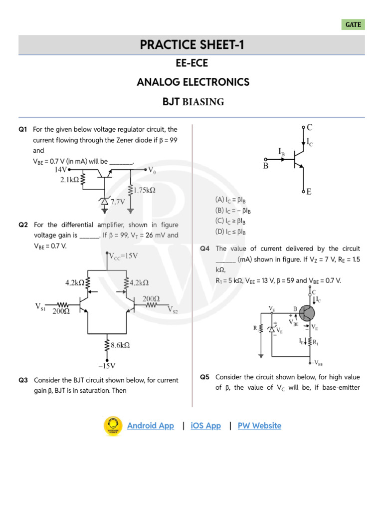 BJT Biasing - Practice Sheet 01 | PDF | Bipolar Junction Transistor ...