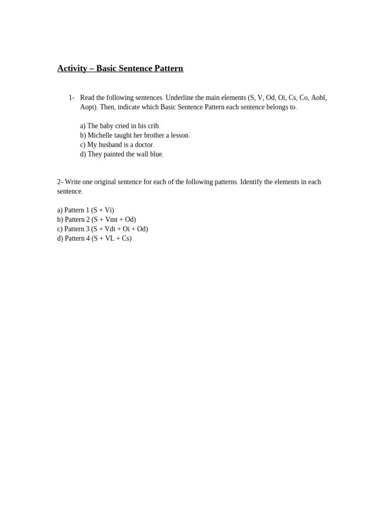 Basic Sentence Patterns Activity Guide | PDF