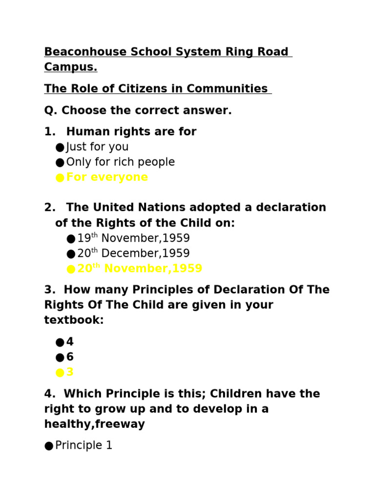 Citizens' Rights and Responsibilities Quiz | PDF