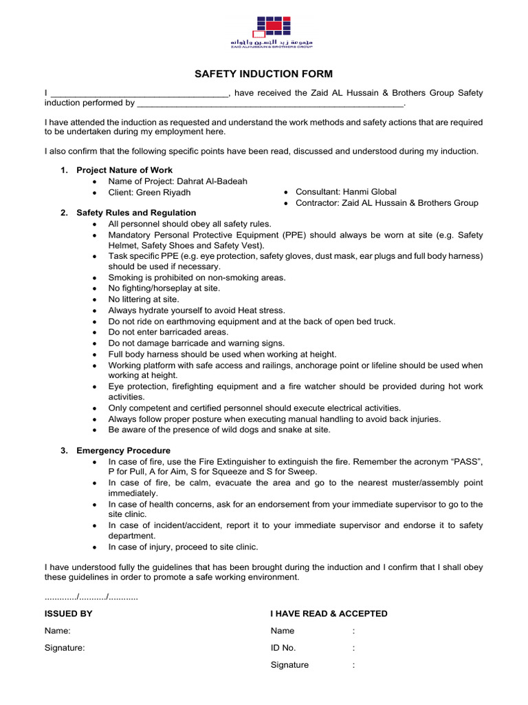 Safety Induction Form for Employees | PDF | Personal Protective ...