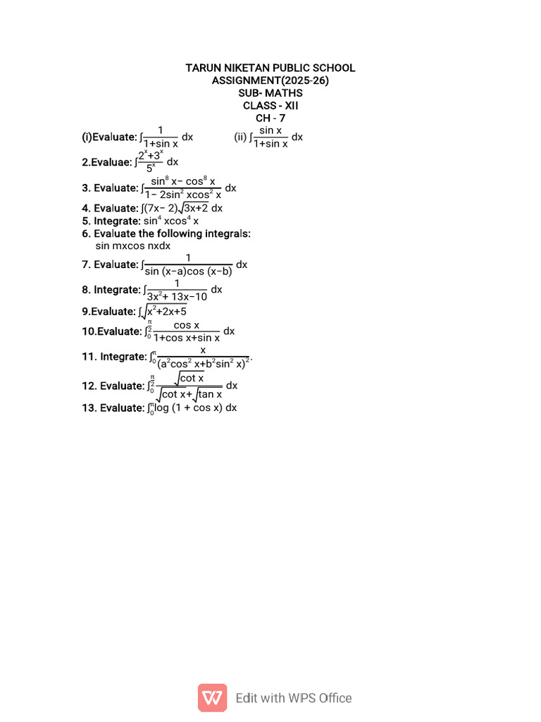 Assignment - Class - Xii Maths CH - 7-1 | PDF