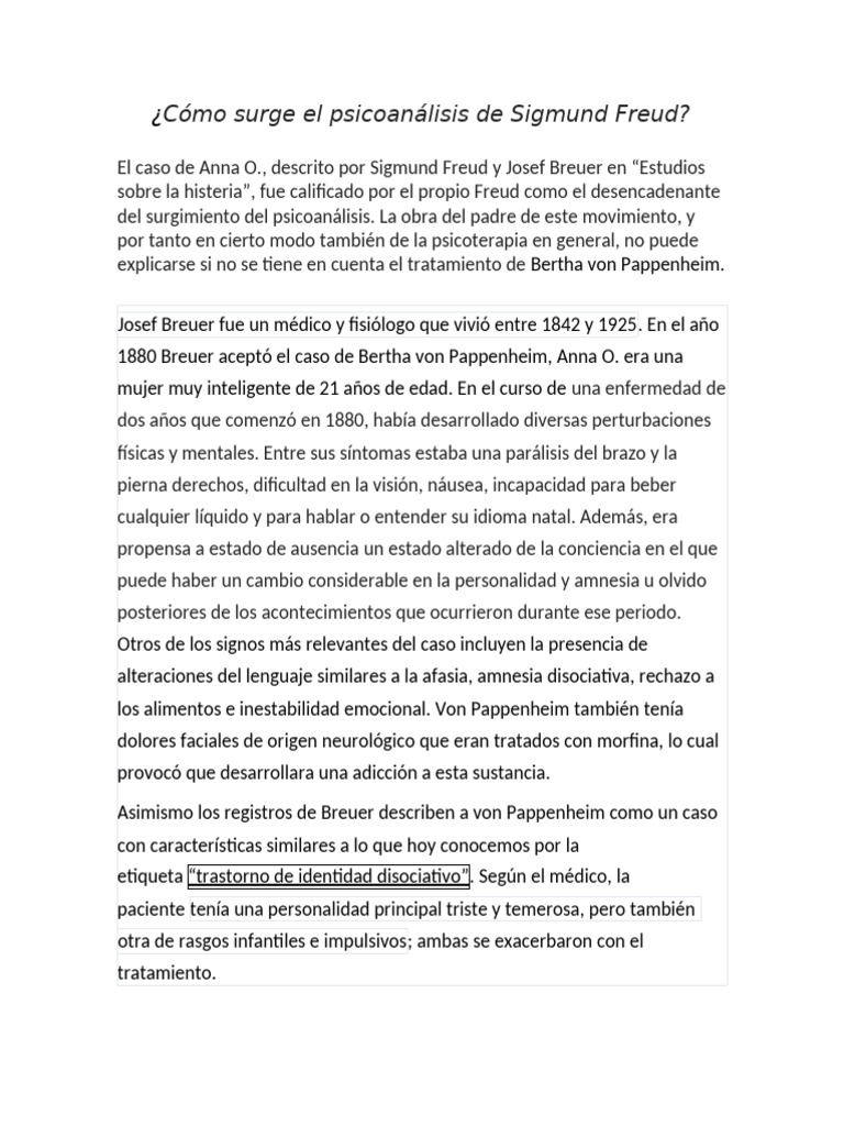 Origen del psicoanálisis: Caso Anna O. | PDF | Sigmund Freud ...