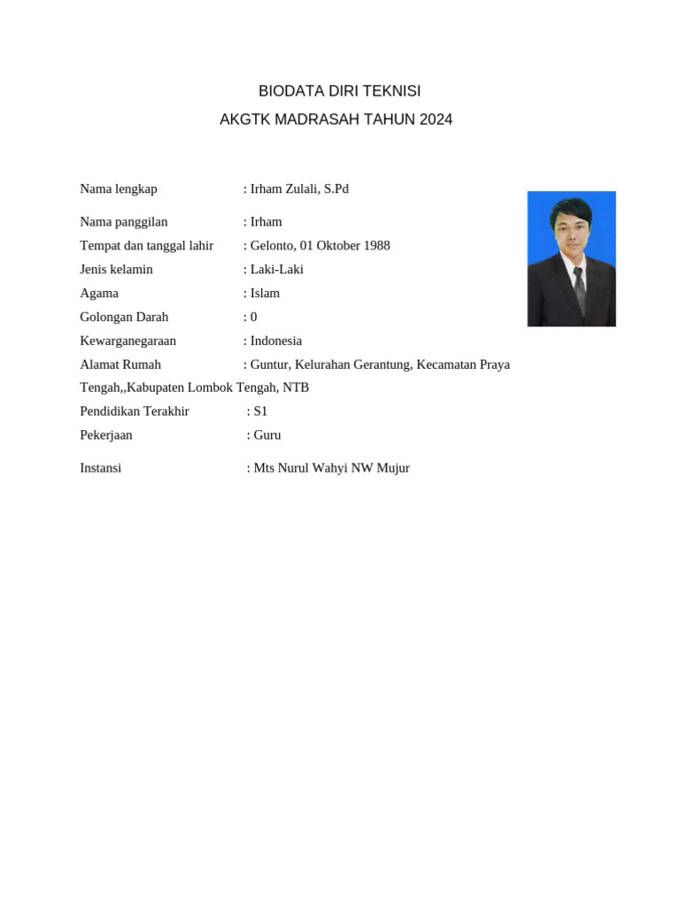 Biodata Irham Zulali, S.Pd 2024 | PDF