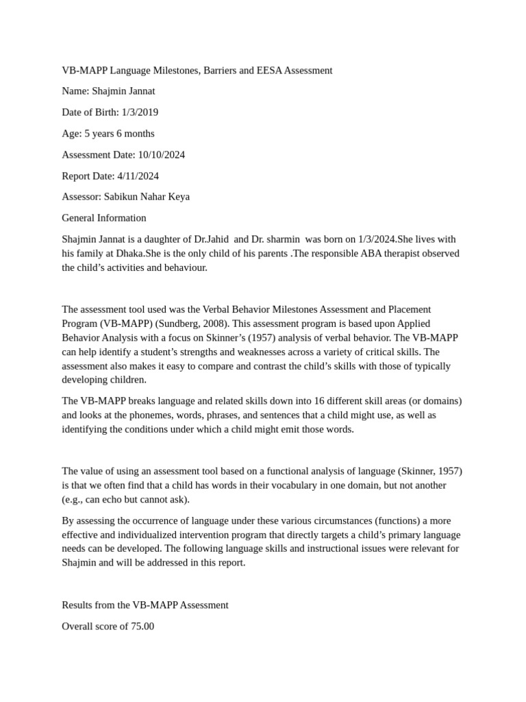 Shajmin Assessment Report | PDF | Imitation | Behavior