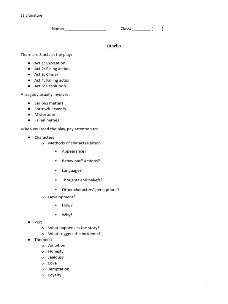 Othello Act 1 Notes - S's Version | PDF | Othello | Iago
