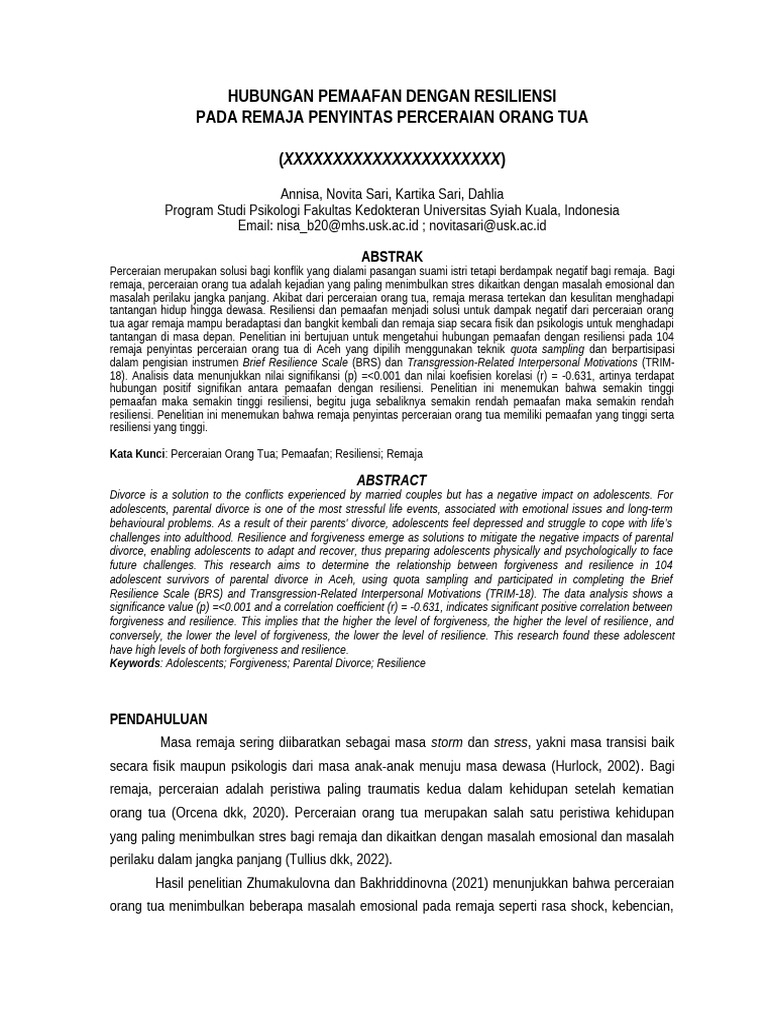 Pemaafan dan Resiliensi Remaja Cerai | PDF