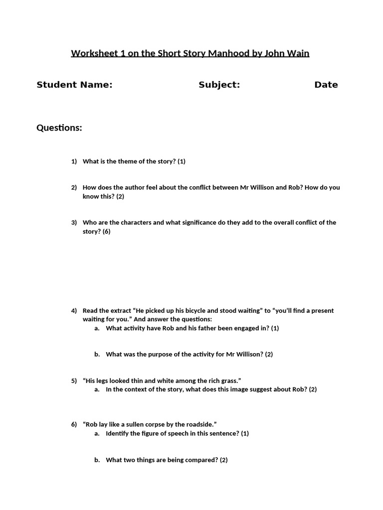 Worksheets 1&2 On The Short Story Manhood | PDF | Human Communication