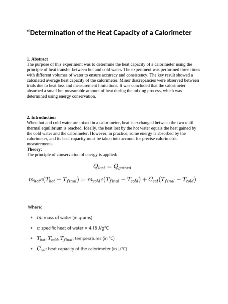 Heat Capacity Measurement of Calorimeter | PDF | Heat | Temperature