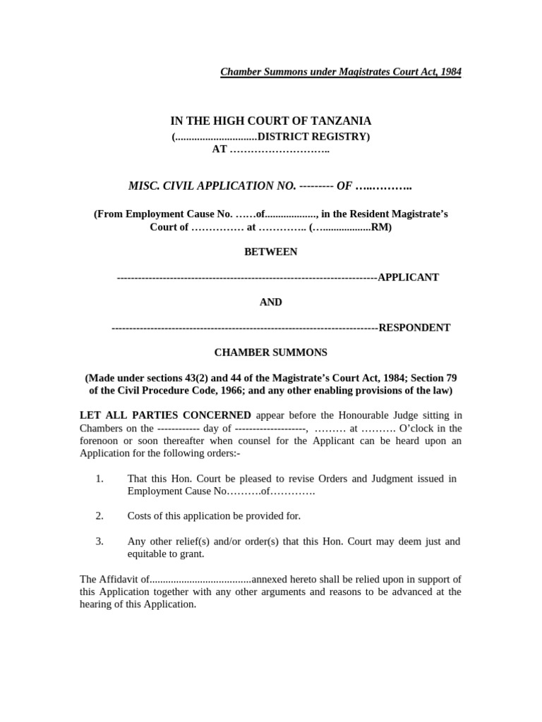 Chamber Summons in Tanzania Court | PDF