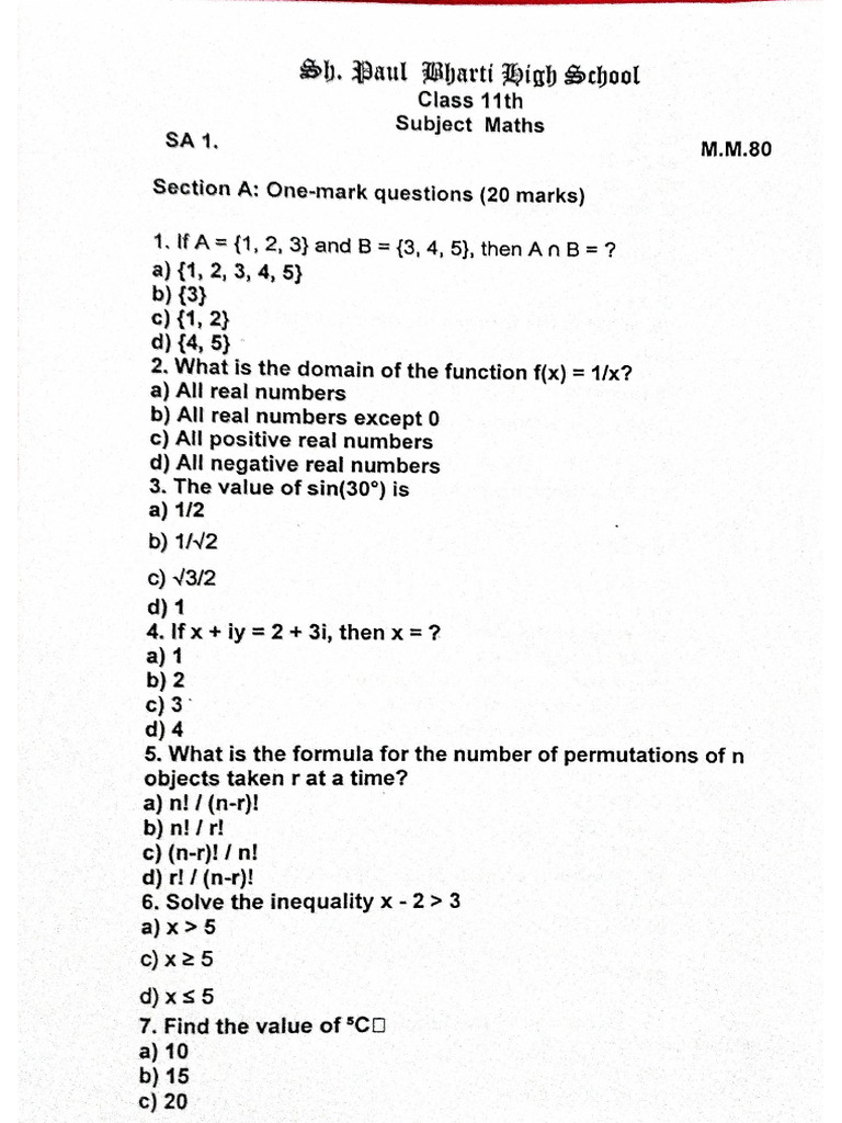 11th Maths SA-1 | PDF