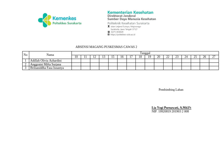 Absensi Magang Puskesmas Cawas 2 | PDF