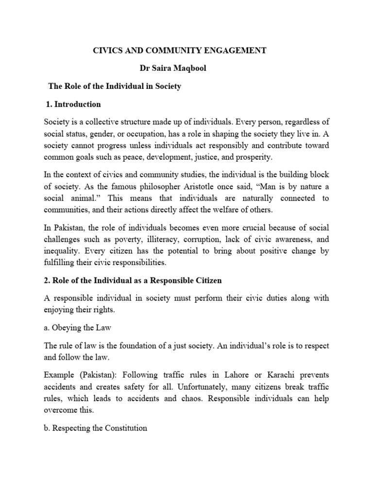 The Role of Individual (Civics) | PDF | Pakistan | Citizenship