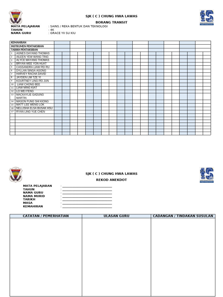 Borang Transit Sains Tahun 4K | PDF