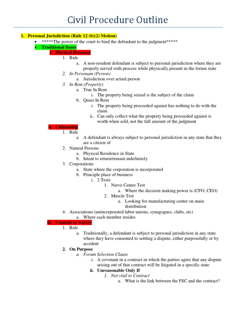 Civil Procedure Outline | Diversity Jurisdiction | Personal Jurisdiction