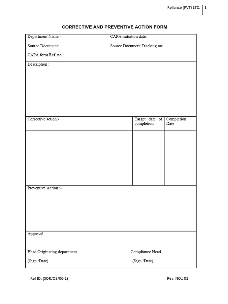 CAPA Form for Reliance (PVT) LTD. | PDF