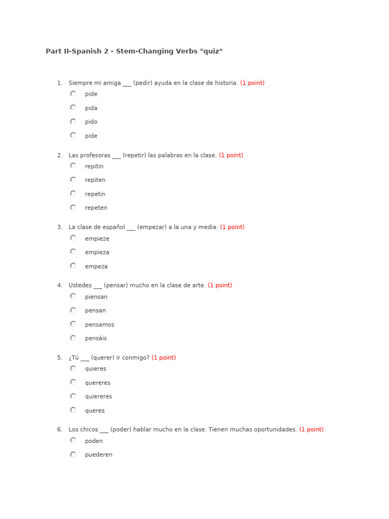 Part II Spanish Stem Changing Verb Quiz | PDF