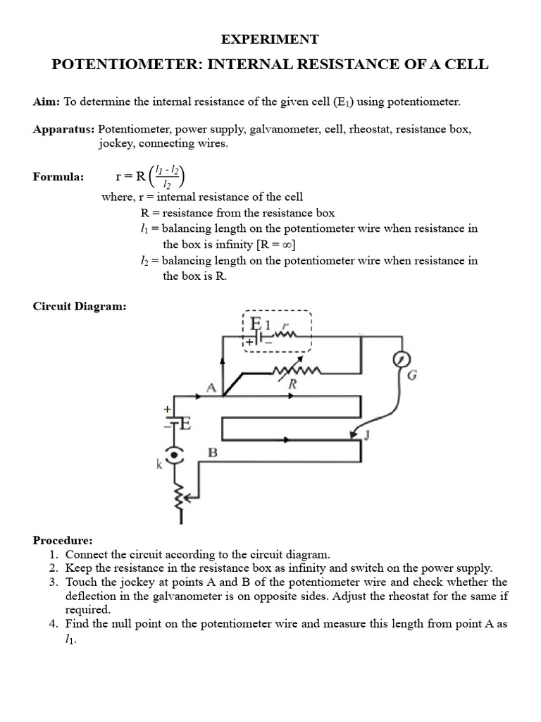 Internal Resistance Measurement Using Potentiometer | PDF | Electricity