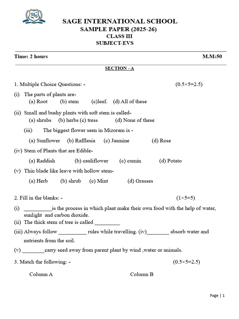 Sample Paper Class Iii (Evs) | PDF | Plants | Foods