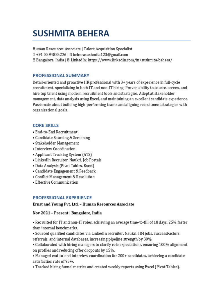 Behera Sushmita Recruiter Resume | PDF | Recruitment | Human Resources