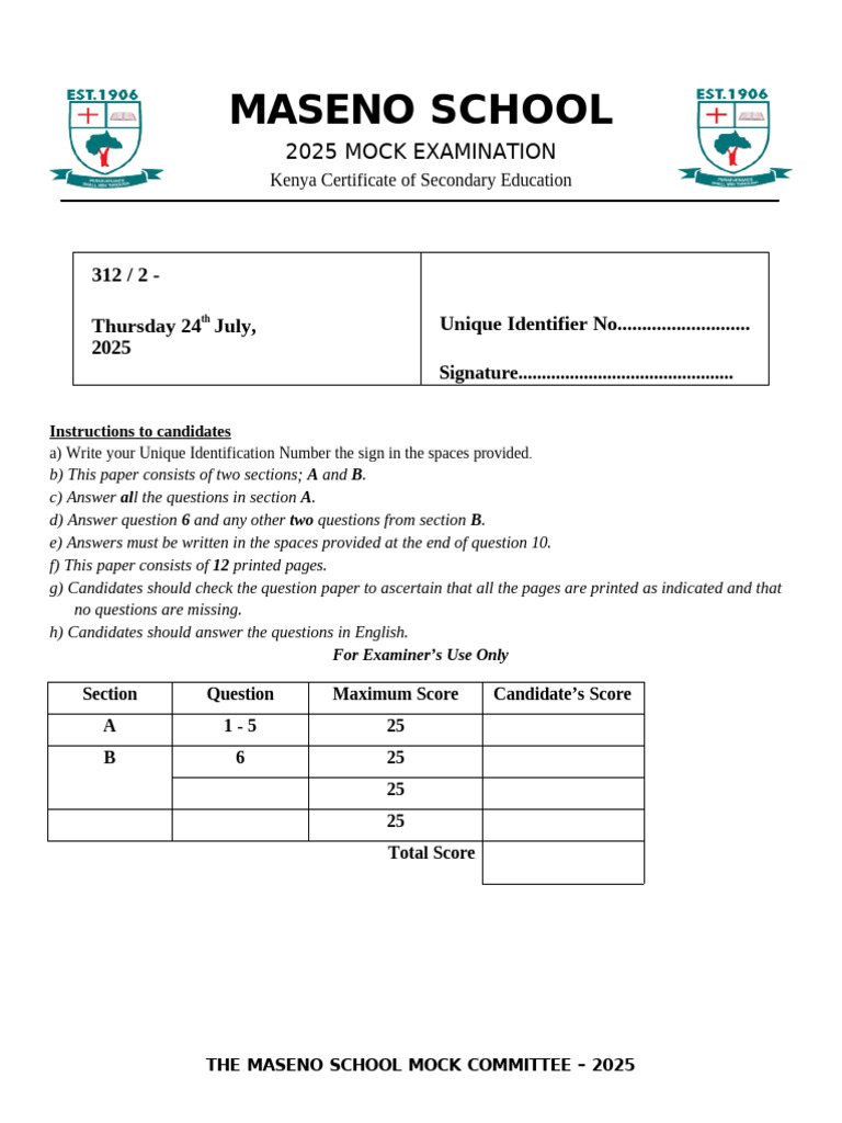 Maseno School Geography Mock 2025 | PDF | Natural Environment